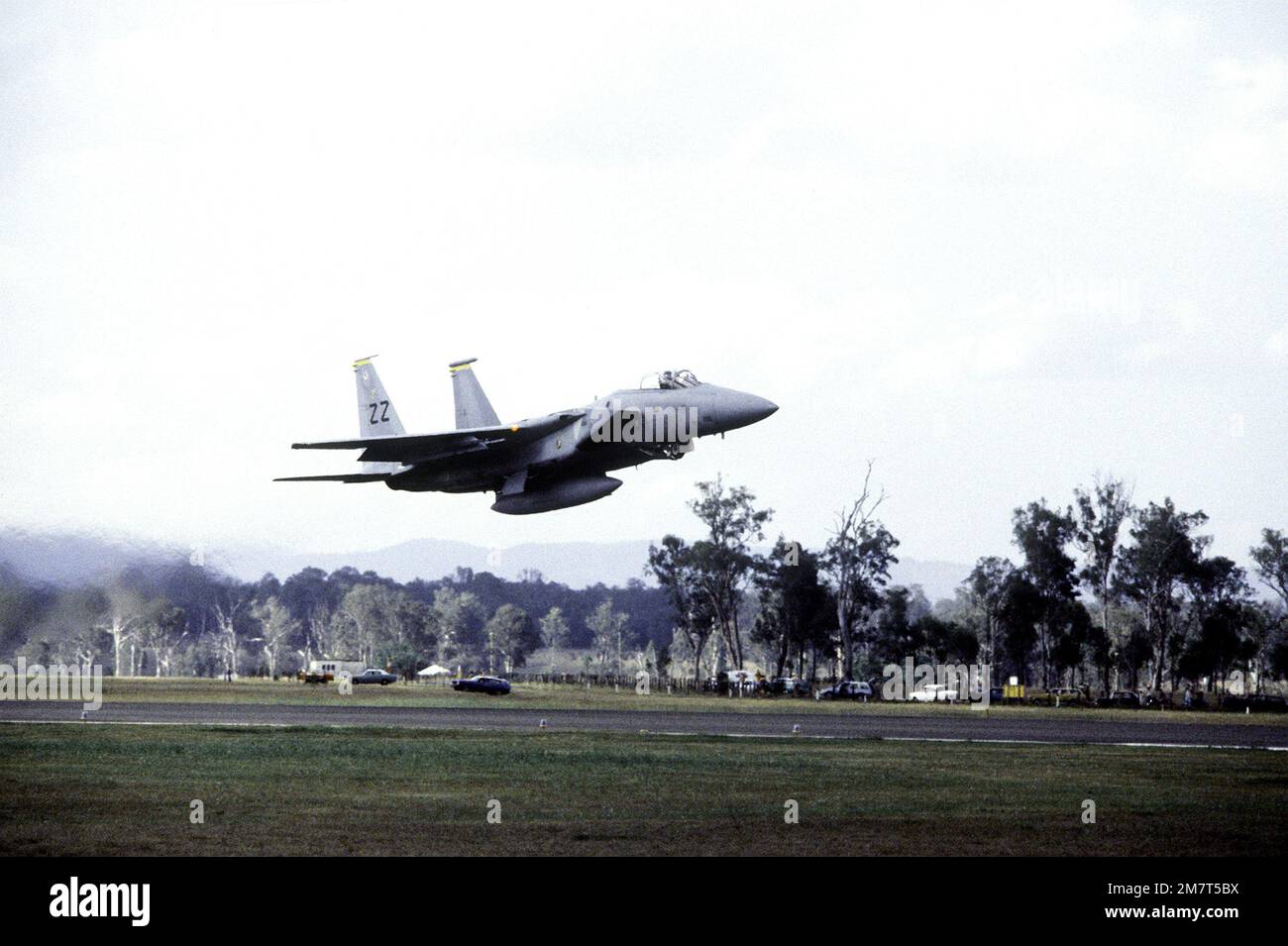 Right side view of an F-15 Eagle aircraft just after take off. The ...