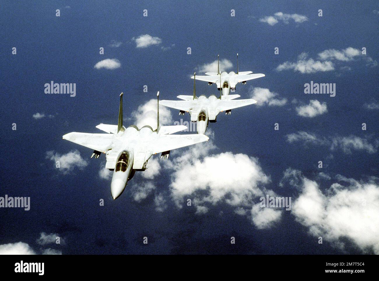 An air-to-air front view of three F-15 Eagle aircraft from the 12th ...