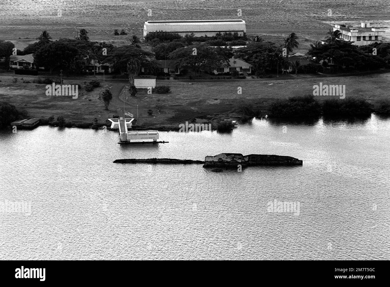 An aerial view of the USS UTAH MEMORIAL. Base: Pearl Harbor State ...