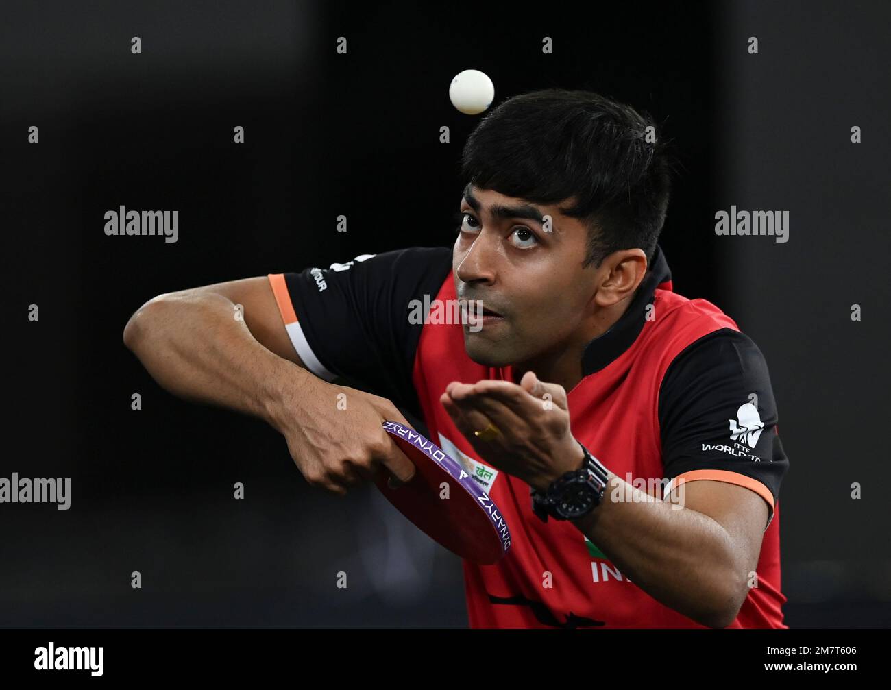 Doha, Qatar. 10th Jan, 2023. Harmeet Desai of India serves during the ...