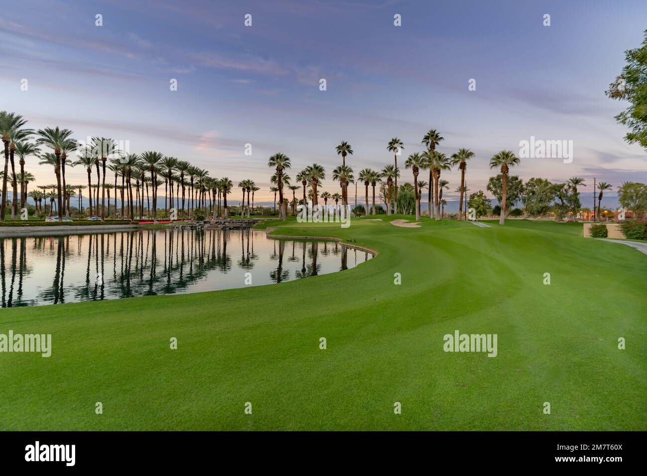 Scenic evening view of golf course with palm trees and reflection on ...