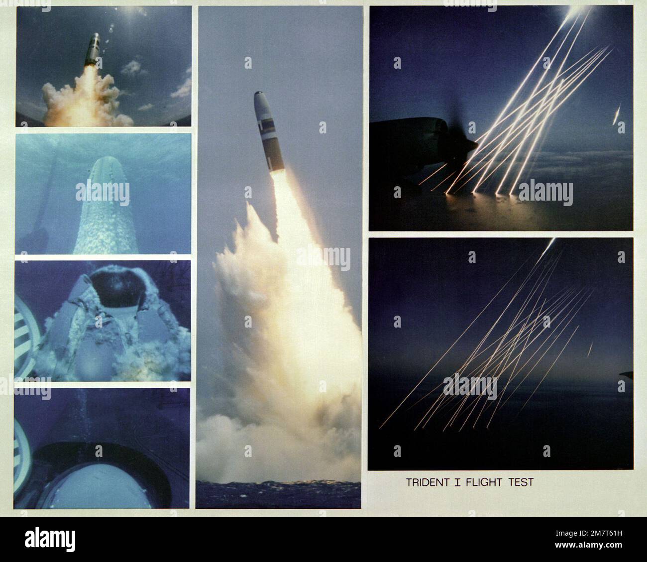 A montage of seven views showing parts of the launching of a Trident I ...