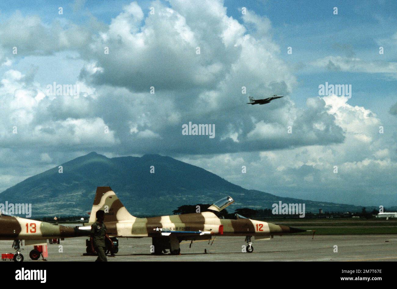 A right side view of an F-5E Tiger II aircraft parked on the flight ...