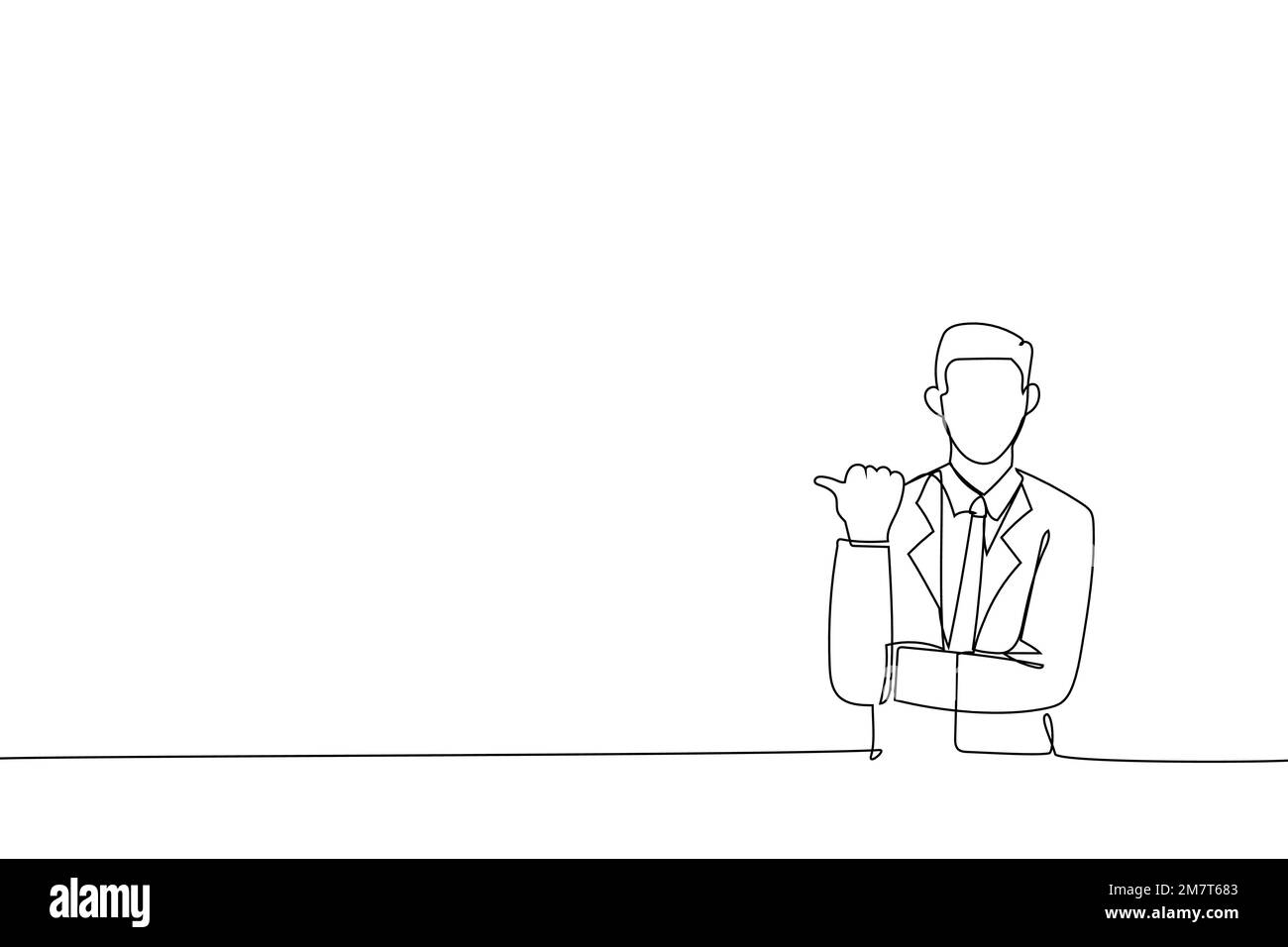 Drawing of Excited businessman presenting copy space. Single line art ...