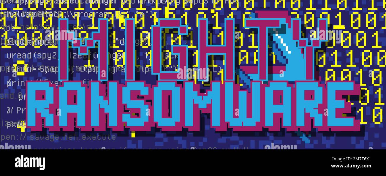 Mighty Ransomware. Pixelated word with geometric graphic background ... Mighty Ransomware. Pixelated word with geometric graphic background ...
