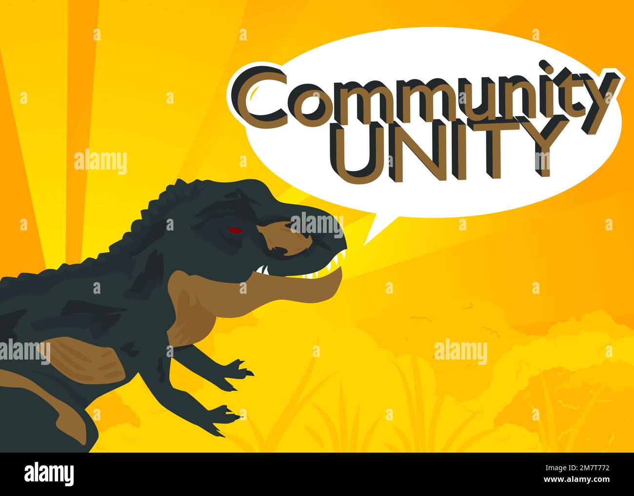 Dinosaur with speech bubble saying Community Unity word. Tyrannosaurus ...