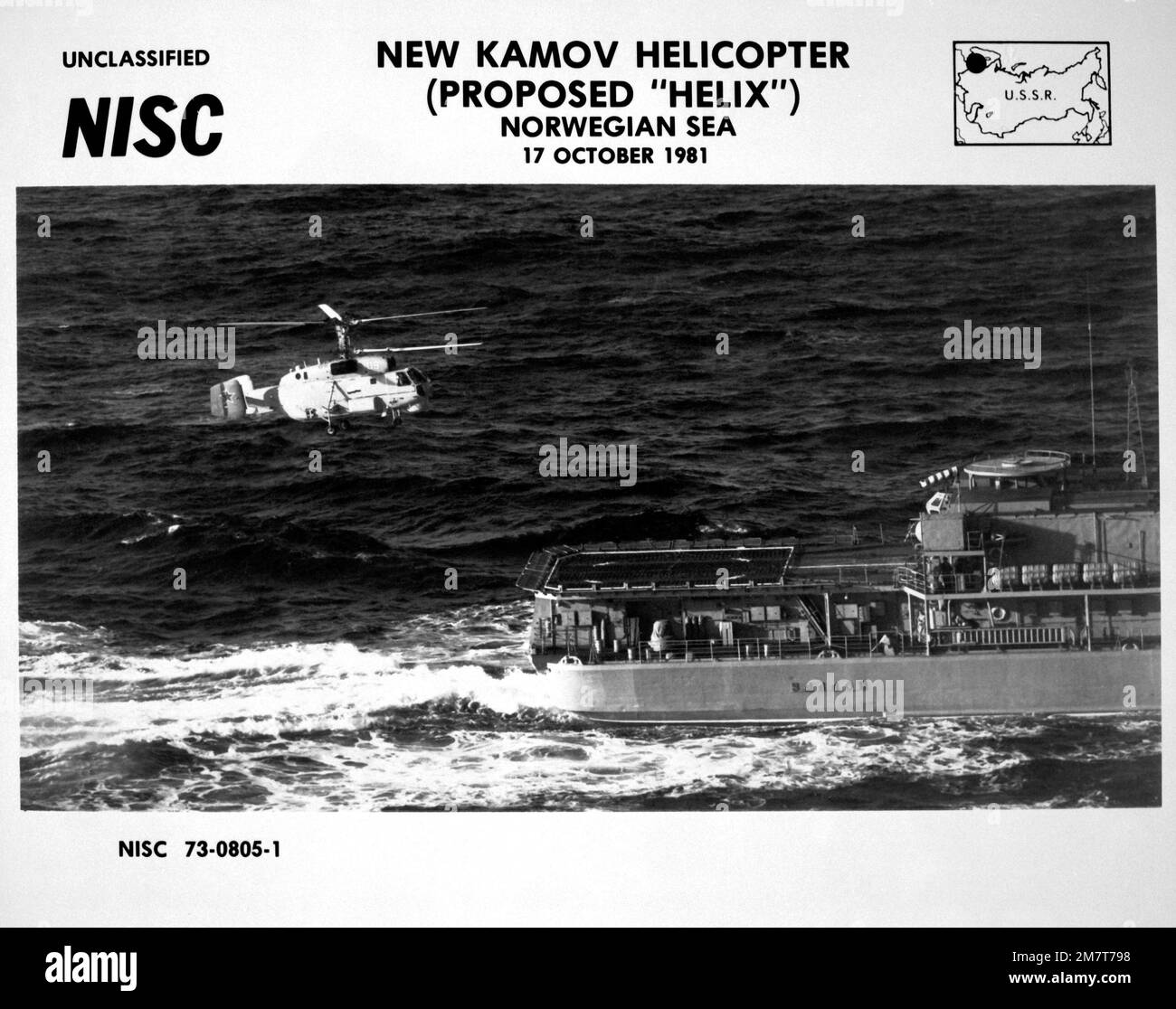 An air-to-air right side view of a Soviet Helix helicopter at the stern ...