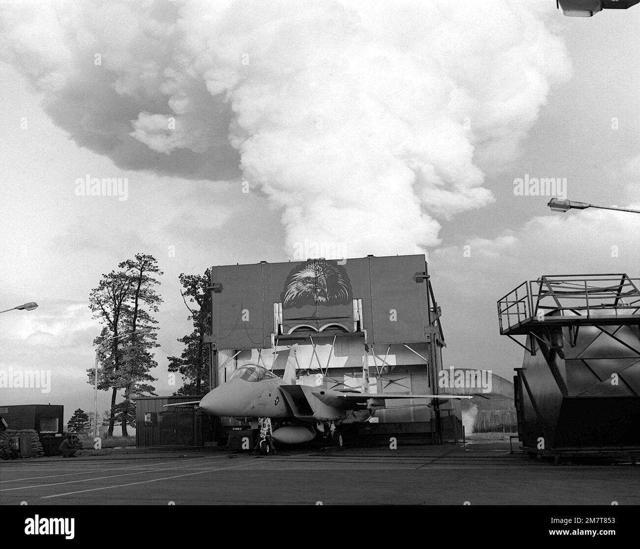 Right front view of an F-15 Eagle aircraft as its engines are checked ...