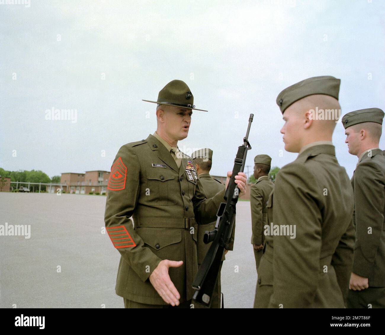 SGM Farrell, 3rd Battalion, questions a recruit of Platoon 3041 during ...