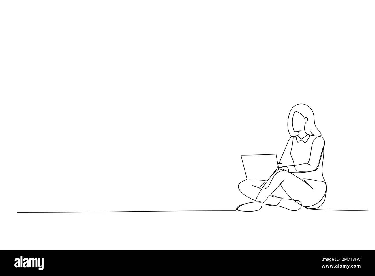Drawing of woman using laptop while sitting on floor Continous Line art ...