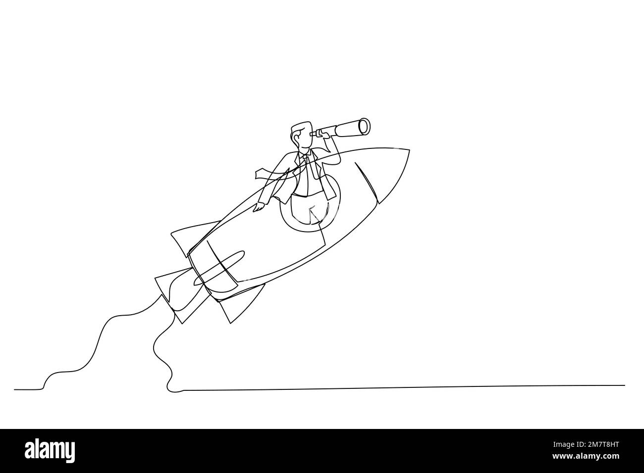Drawing of businessman manager open rocket window using telescope ...