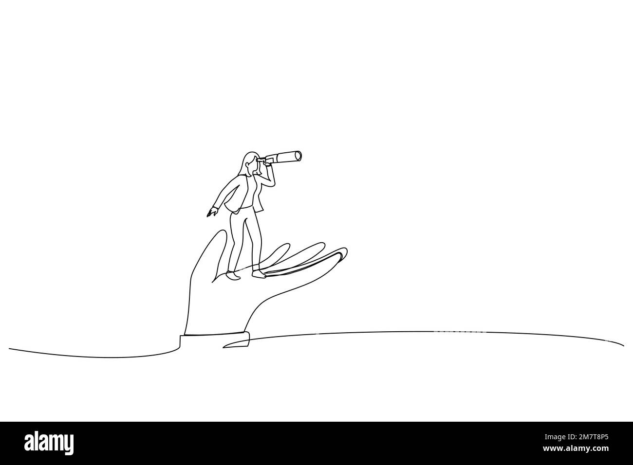 Cartoon of businesswoman stand on support hand look into telescope ...