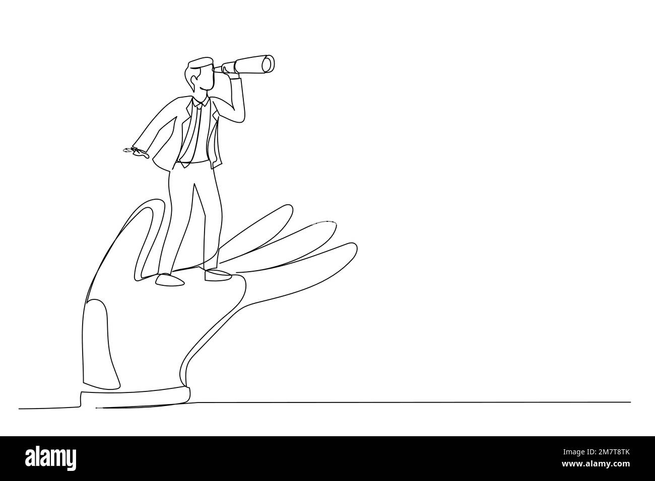 Cartoon of businessman stand on support hand look into telescope vision ...