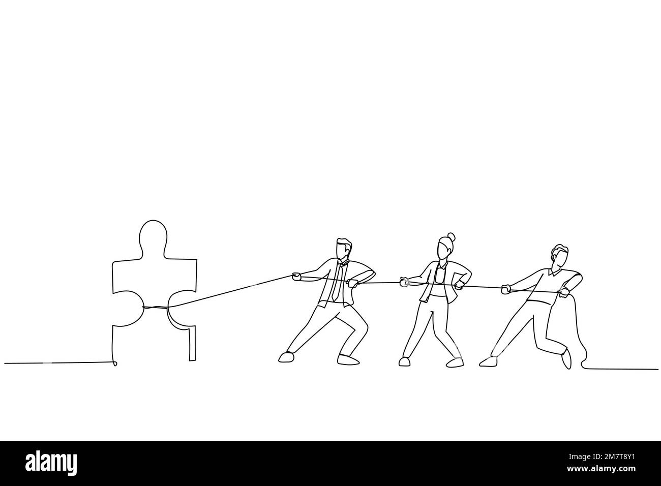 Drawing of businessman pulling a large puzzle piece. Single line art ...