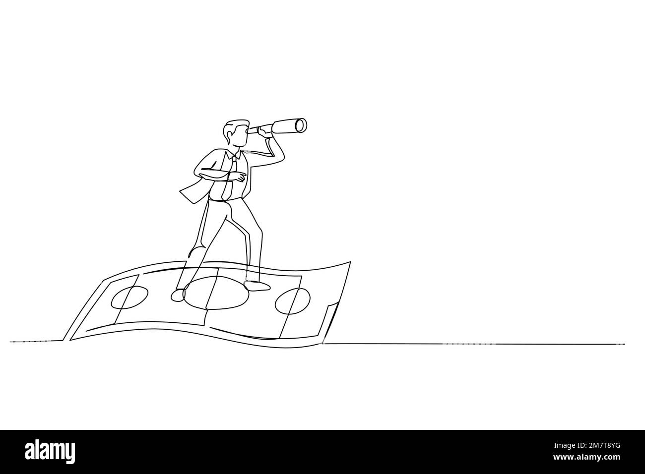 Drawing of businessman riding flying banknote money using spyglass or ...