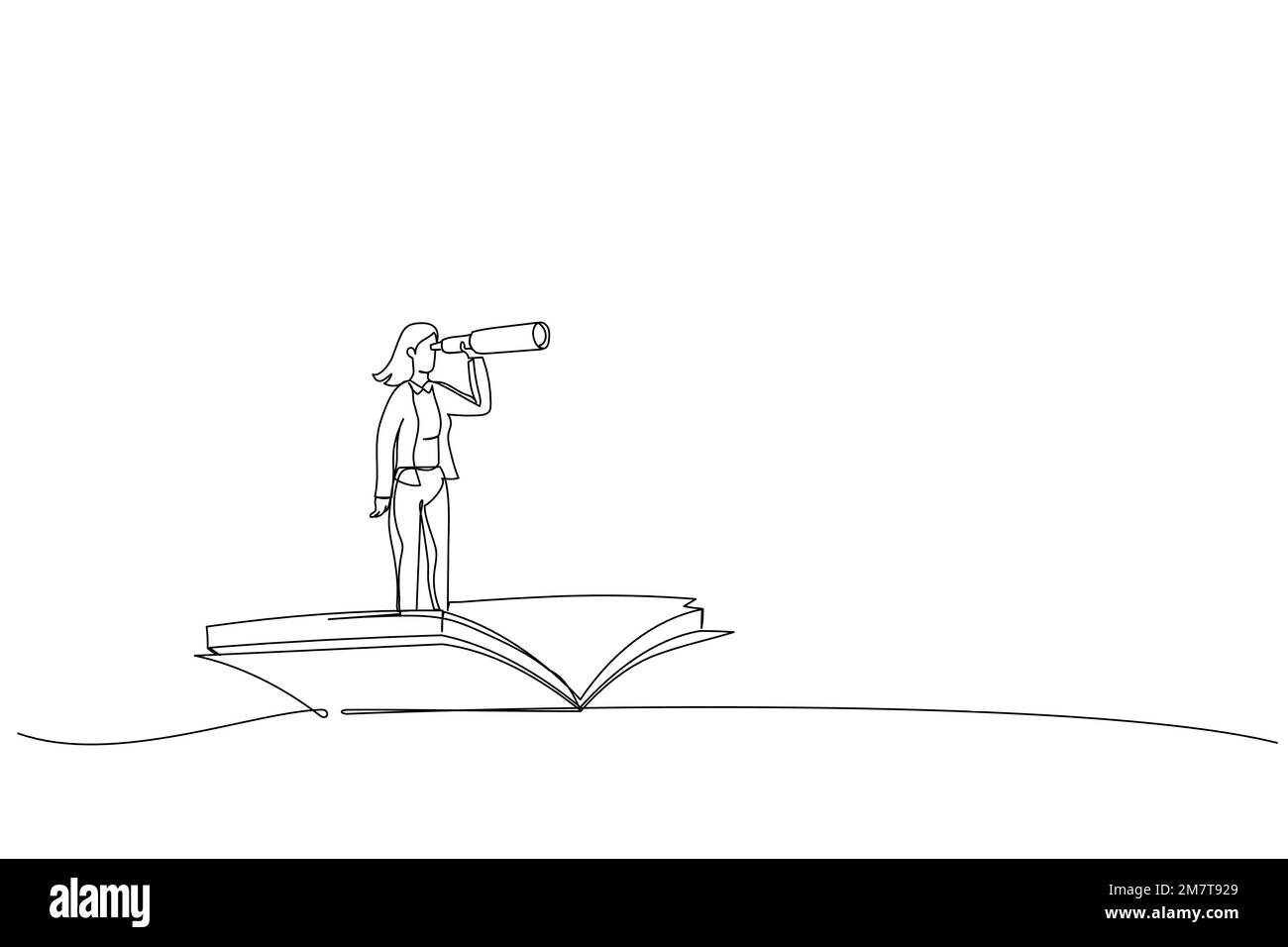 Drawing of businesswoman using telescope on flying book. Knowledge ...