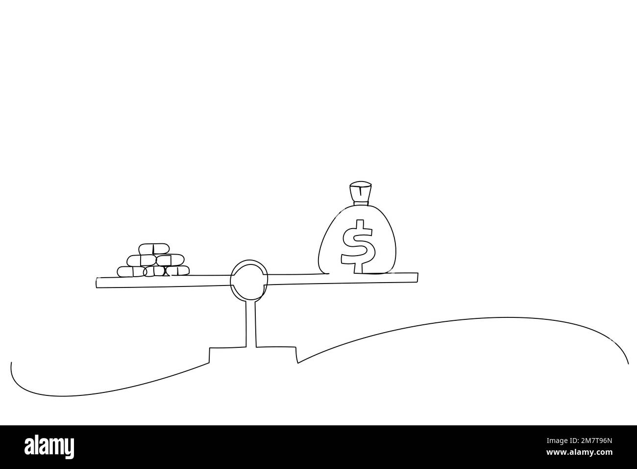 Drawing of pills and dollar coin on seesaw weight scale. Medicine ...