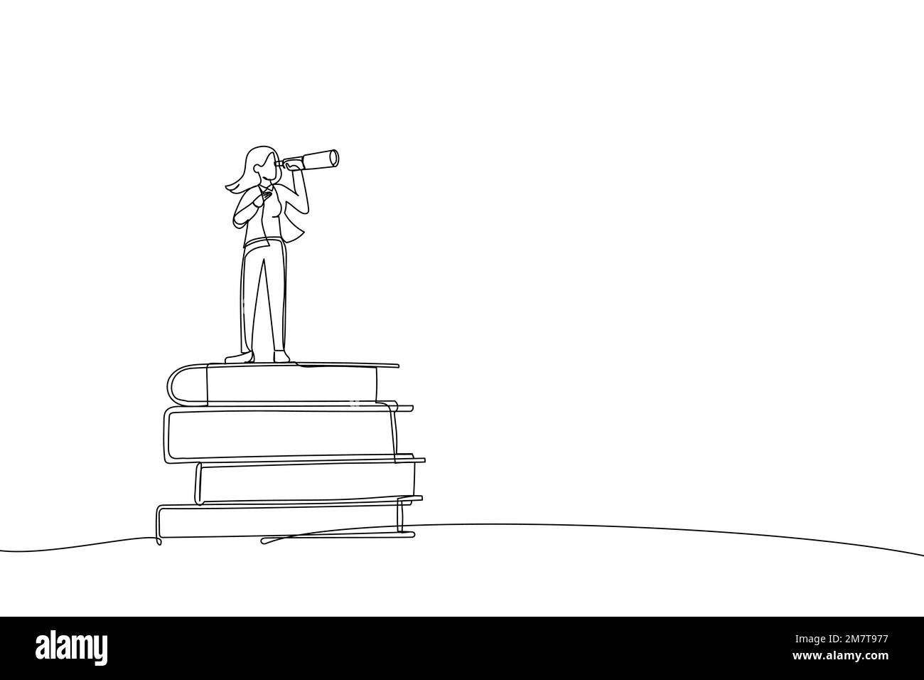 Illustration of businesswoman on books stack using telescope for good ...