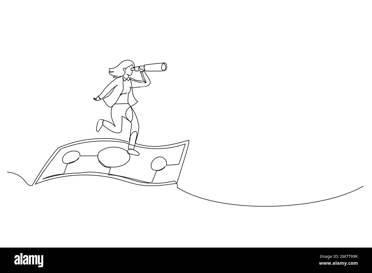 Drawing of businesswoman riding flying banknote money using spyglass or ... Drawing of businesswoman riding flying banknote money using spyglass or ...