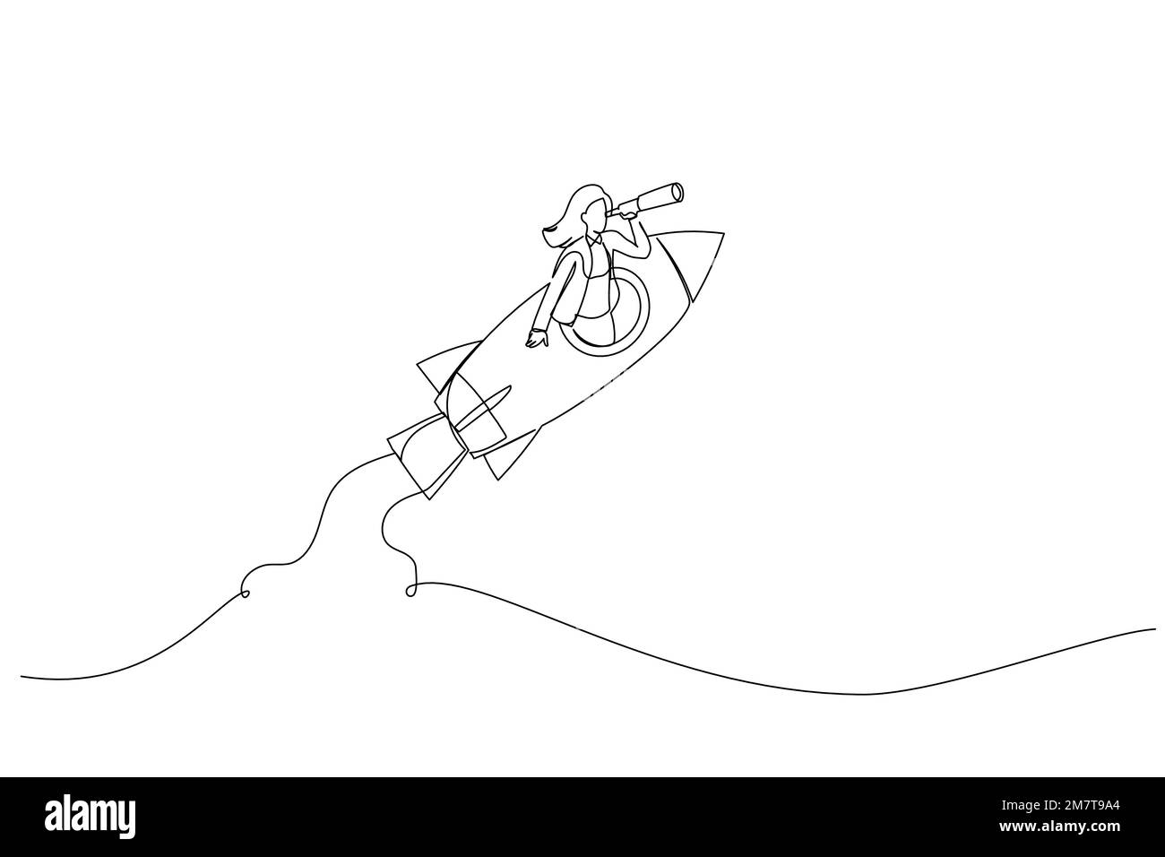 Drawing of businesswoman manager open rocket window using telescope ... Drawing of businesswoman manager open rocket window using telescope ...