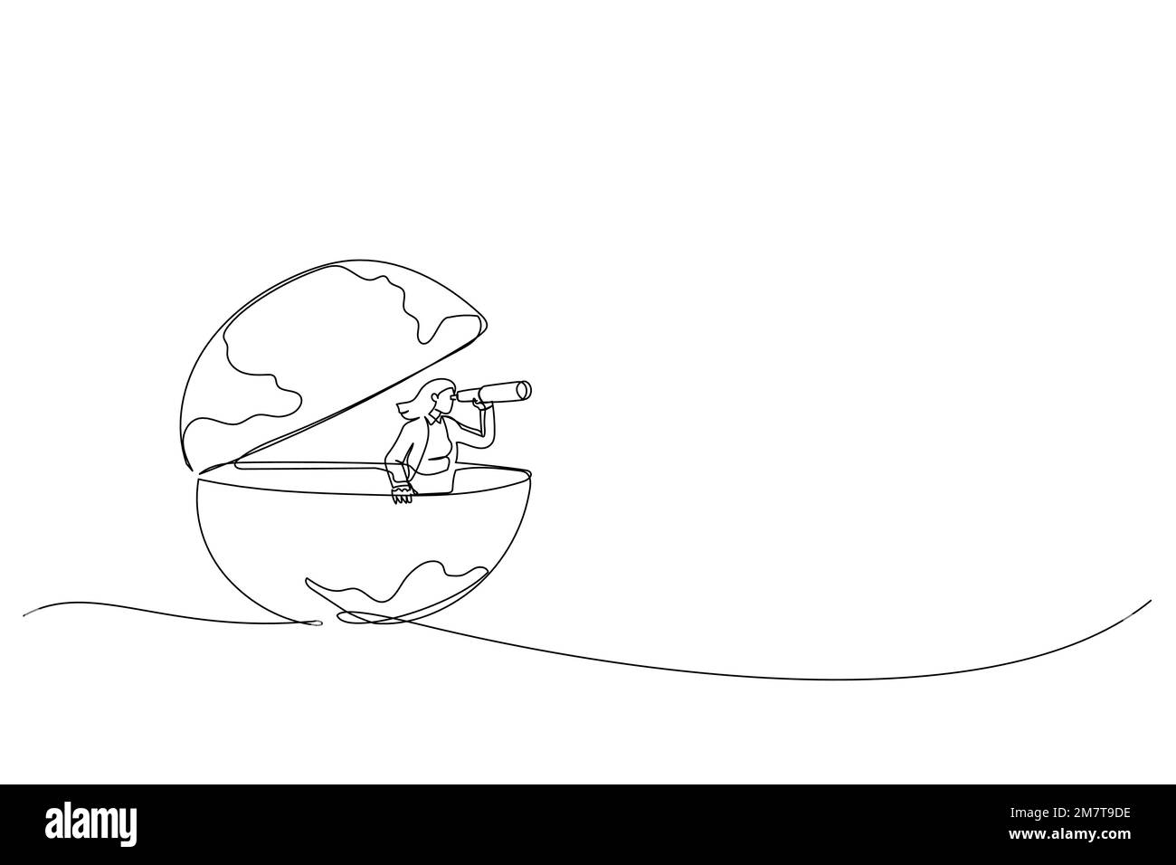 Cartoon of businesswoman open globe using telescope looking for vision ...