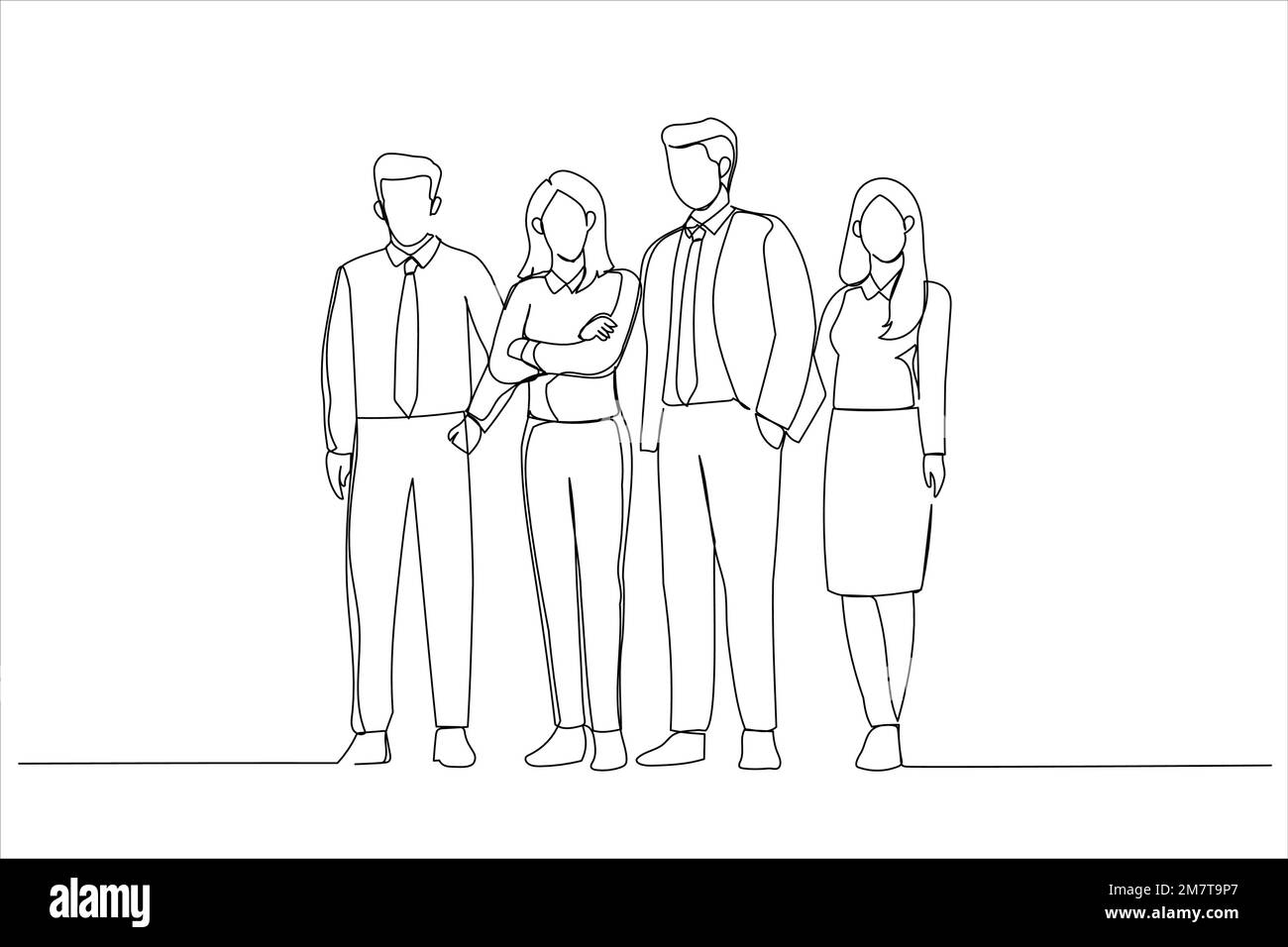 Cartoon of confident business team stands in office. Continuous line ...