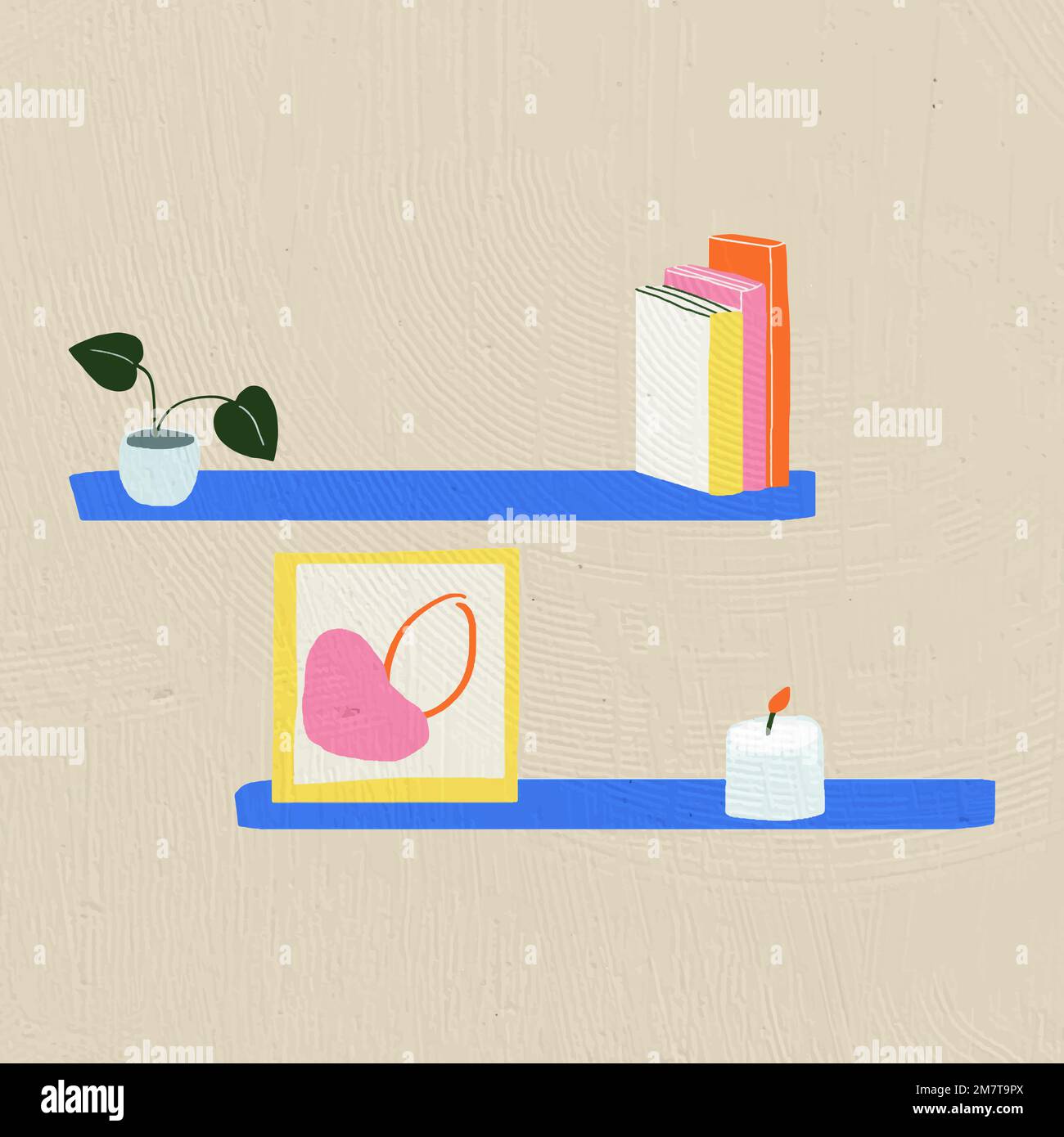 Hand drawn shelves vector home decor in colorful flat graphic style ...