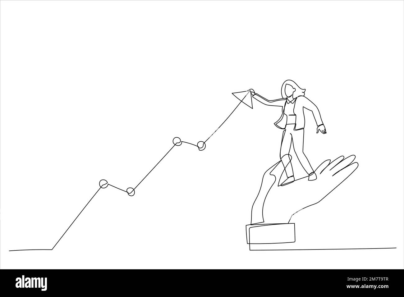 Cartoon of businesswoman standing on helping hand pull up rising graph ...