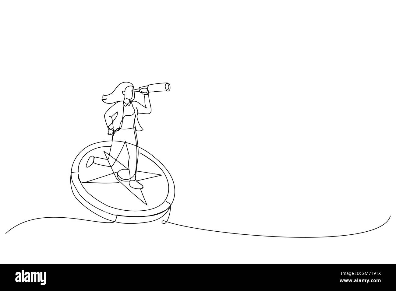 Drawing of businesswoman standing on compass showing direction. Symbol ...