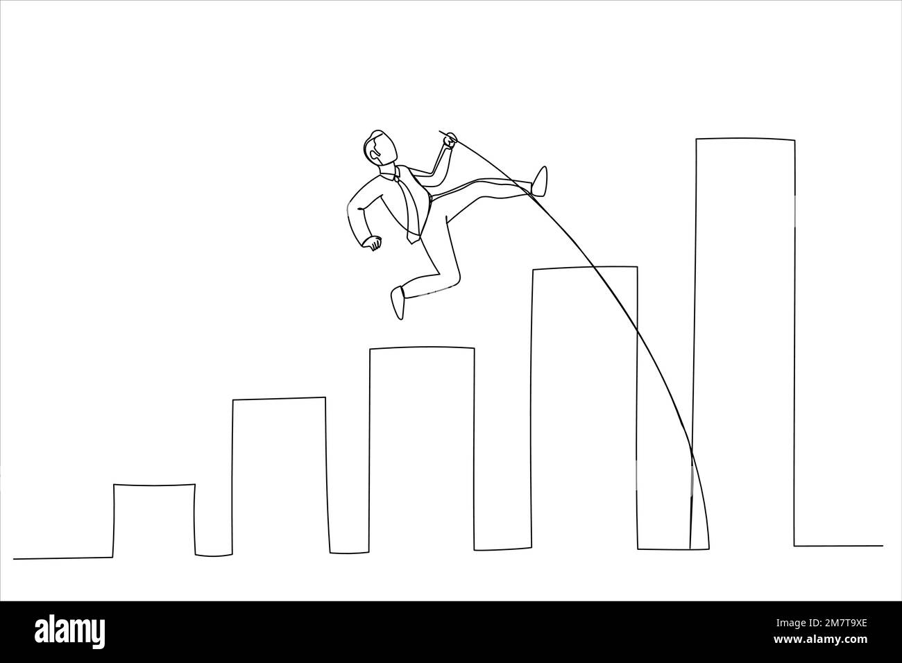 Drawing of businessman jumping pole vault over growth bar graph ...