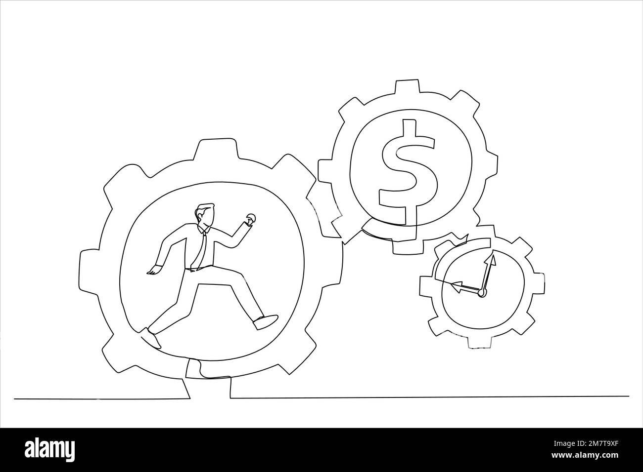 Drawing of businessman running with full effort inside gear cogs ...