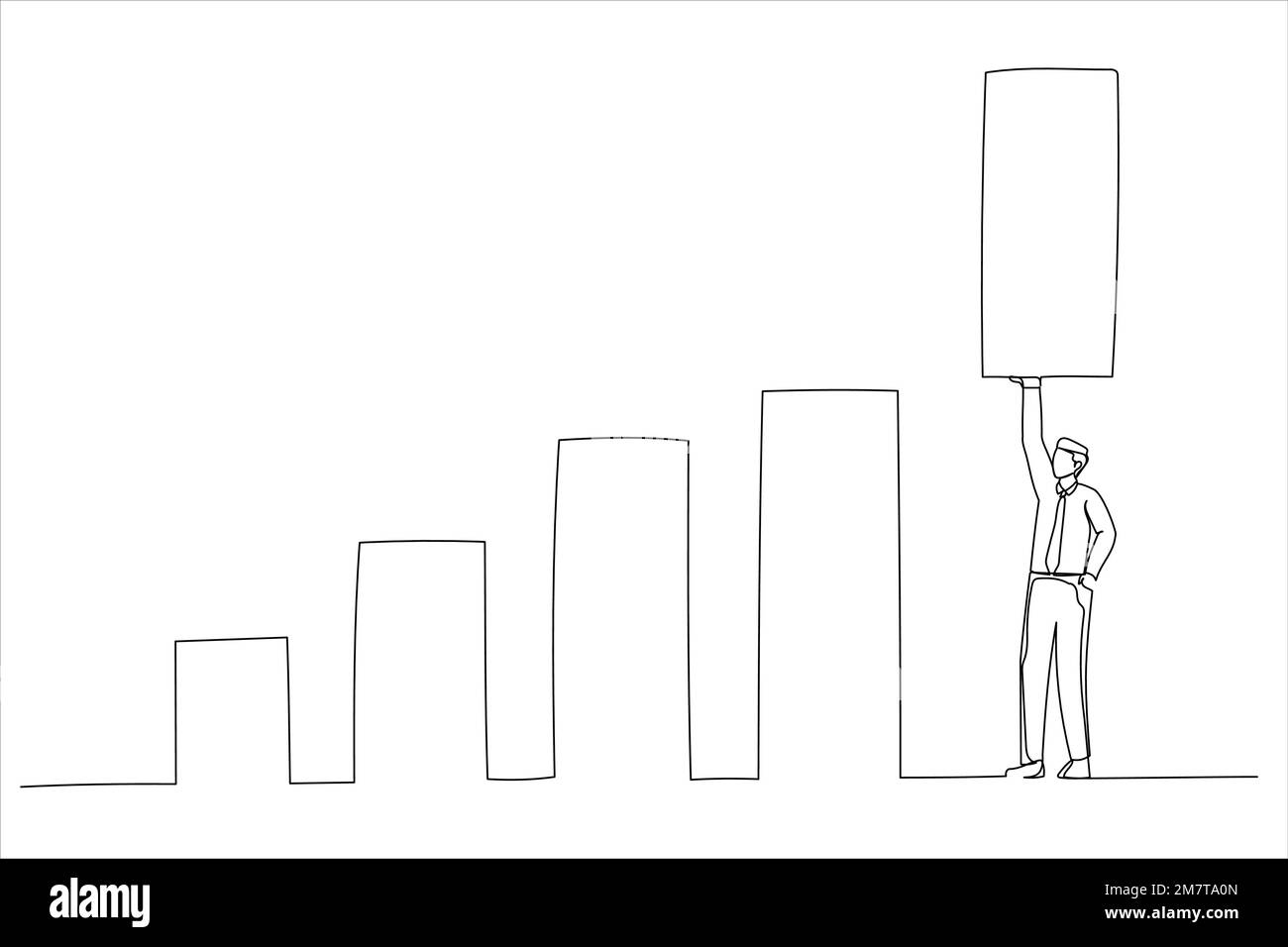 Drawing of confident businessman help lift up bar graph to new high ...