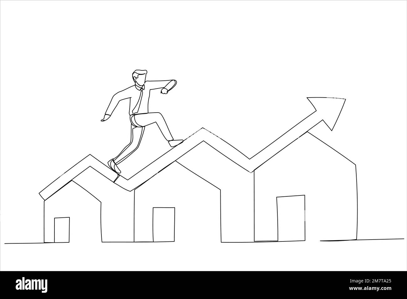 Drawing of businessman running on rising green graph on house roof ...