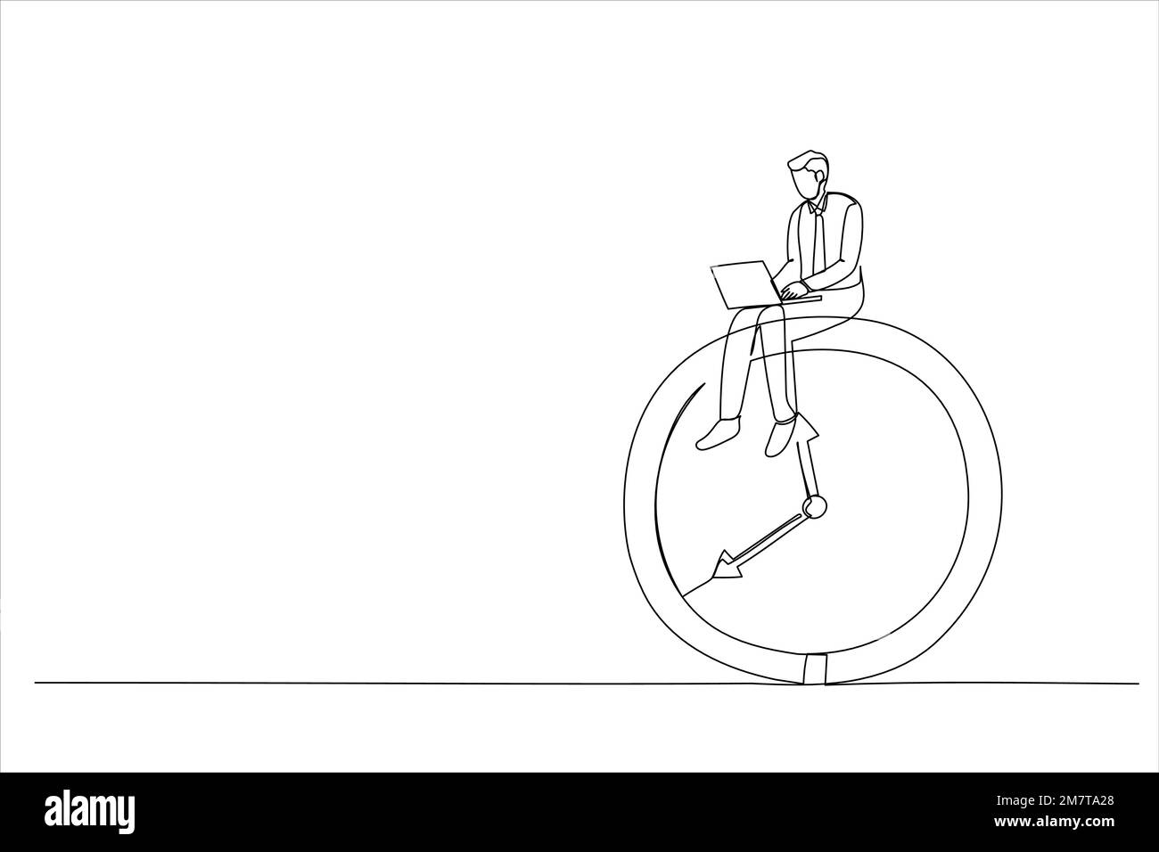 Drawing of businessman using computer laptop sitting on clock working ...