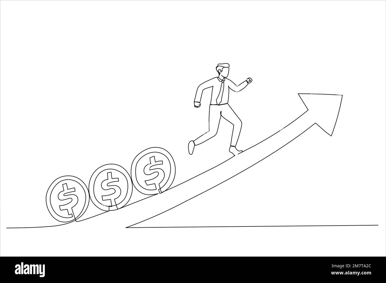 Illustration of fund manager holding flag lead money coins running up ...
