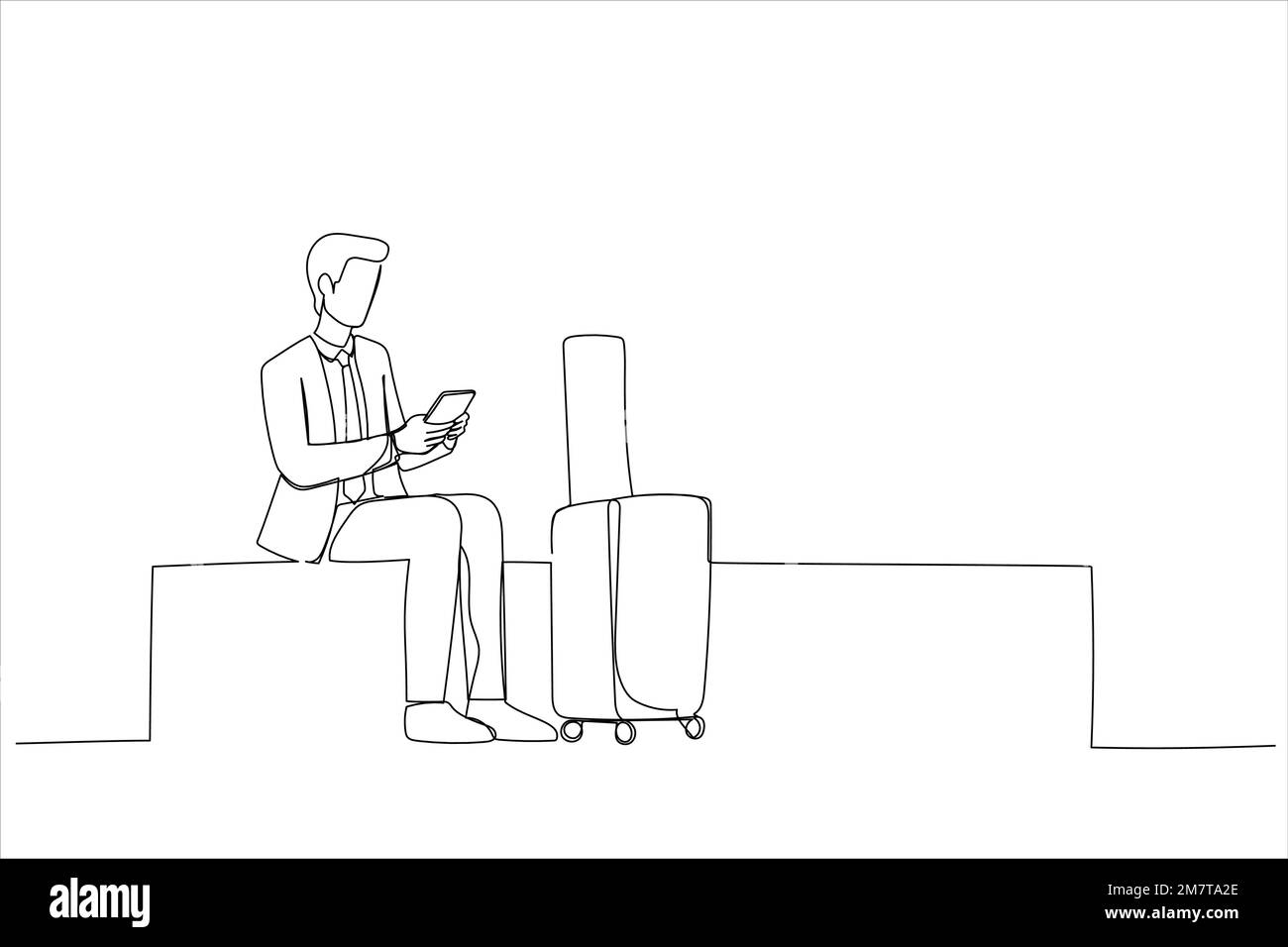 Drawing of young man waiting and using mobile phone at the airport ...