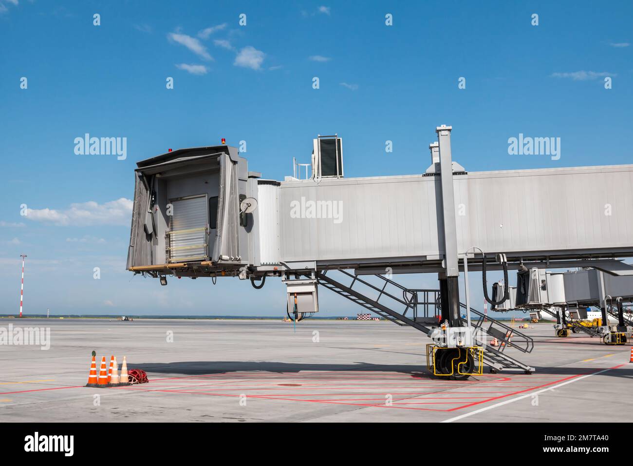 Empty passenger jet bridges at airport apron Stock Photo - Alamy