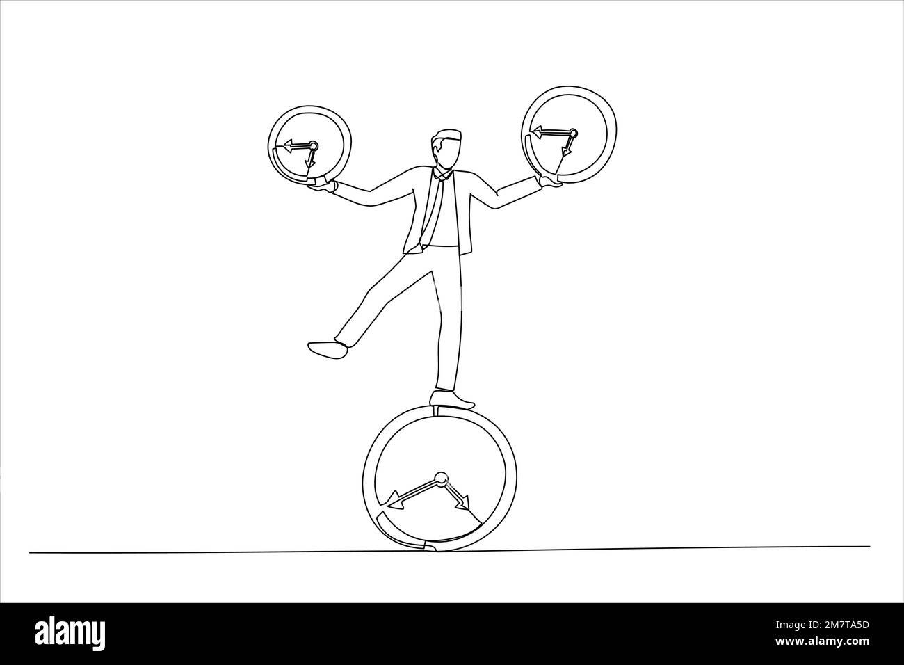 Drawing of businessman balancing all time pieces. Work life balance or ...