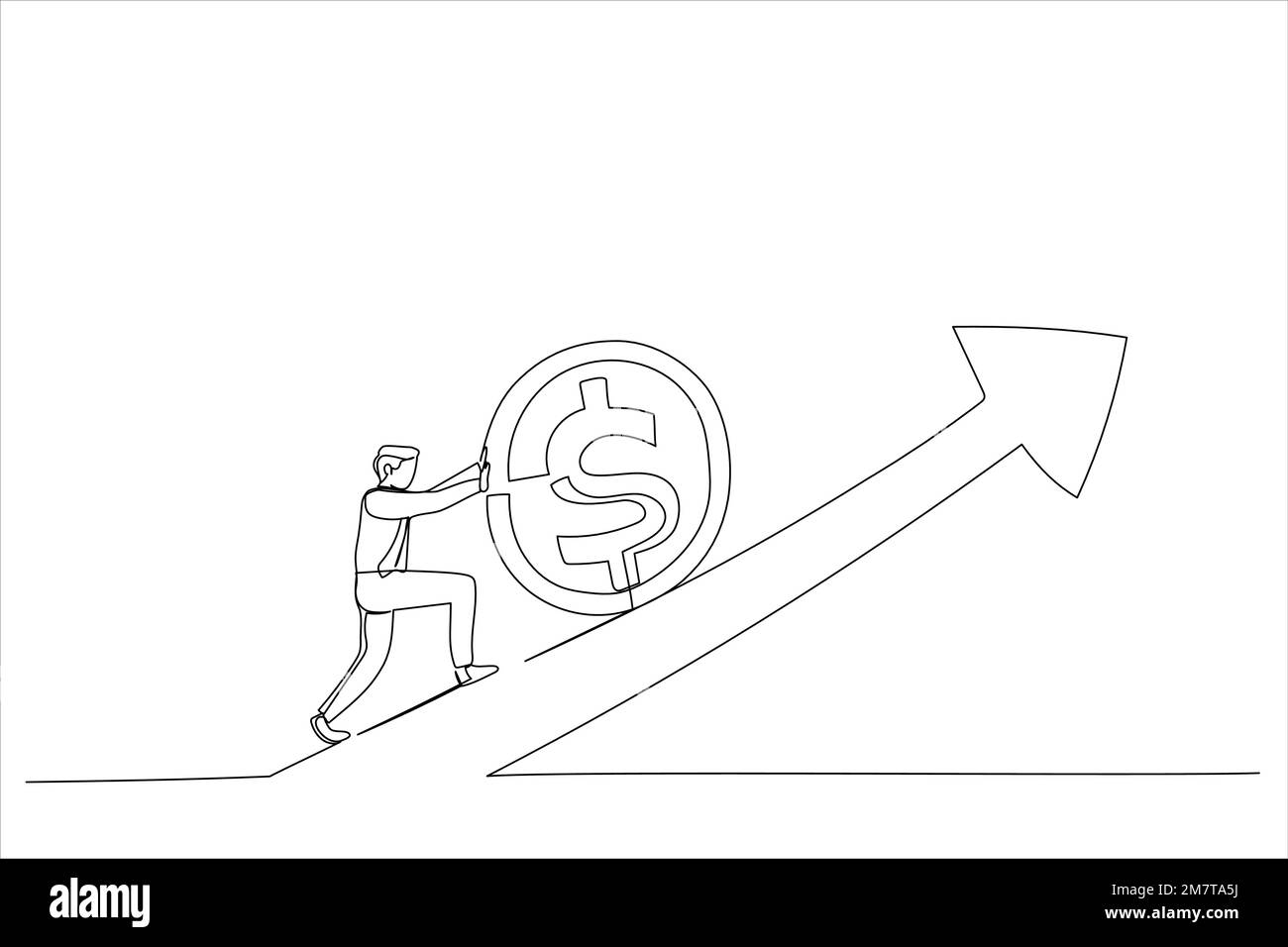 Illustration of businessman investor trying hard to push bitcoin up ...