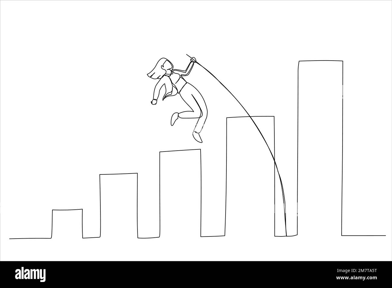 Drawing of businesswoman jumping pole vault over growth bar graph ...