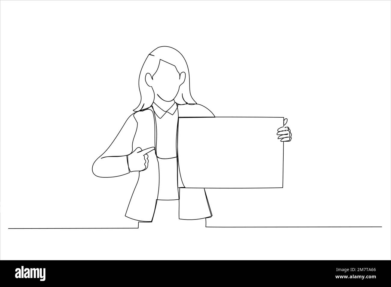 Drawing of beautiful young woman holding advertising banner pointing ...