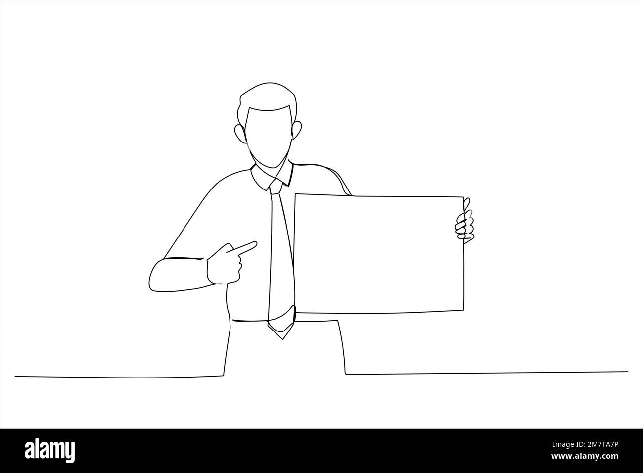 Drawing of handsome young man holding advertising banner pointing with ...