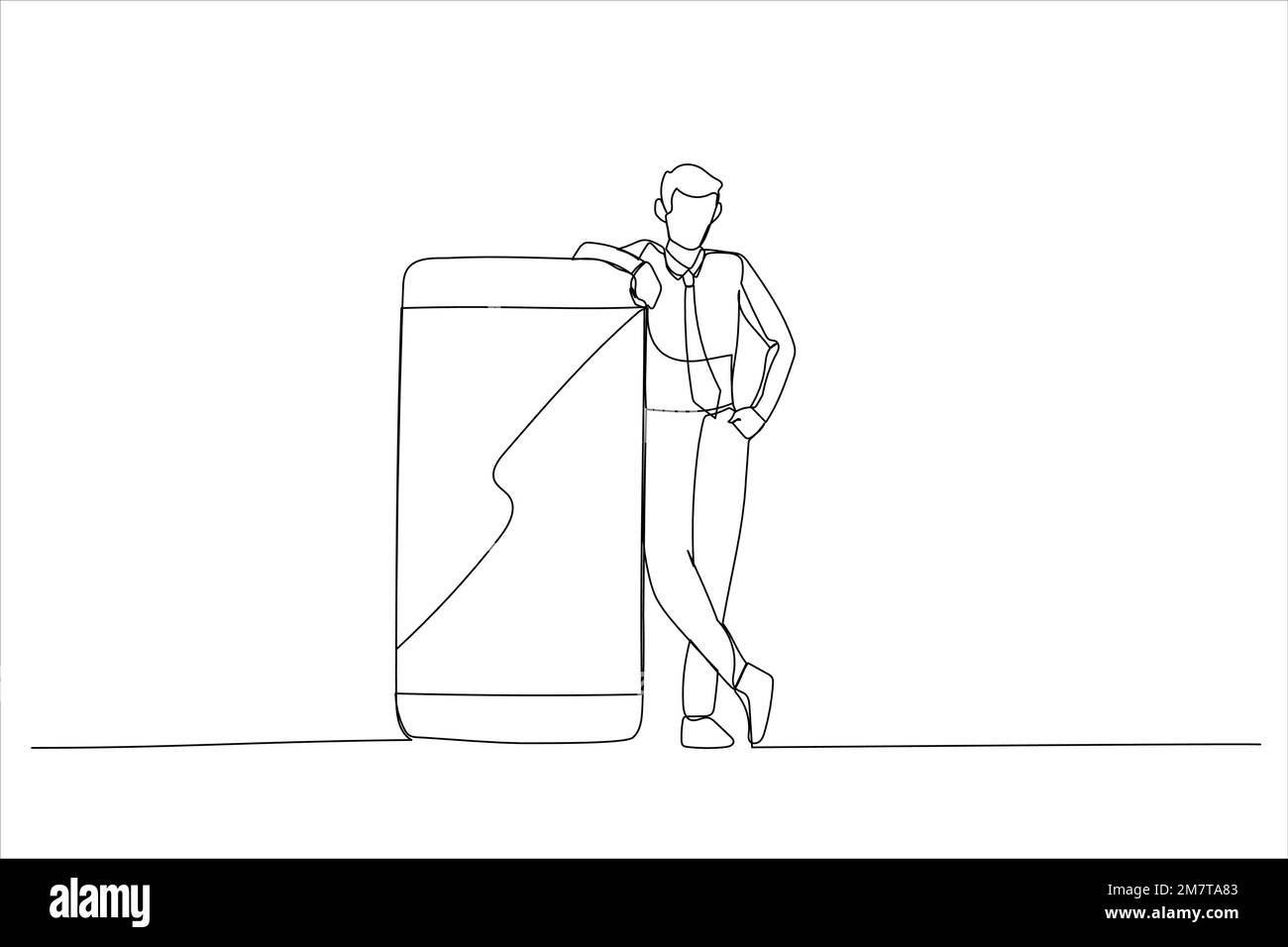 Drawing of casual guy standing and leaning on huge giant cell phone ...