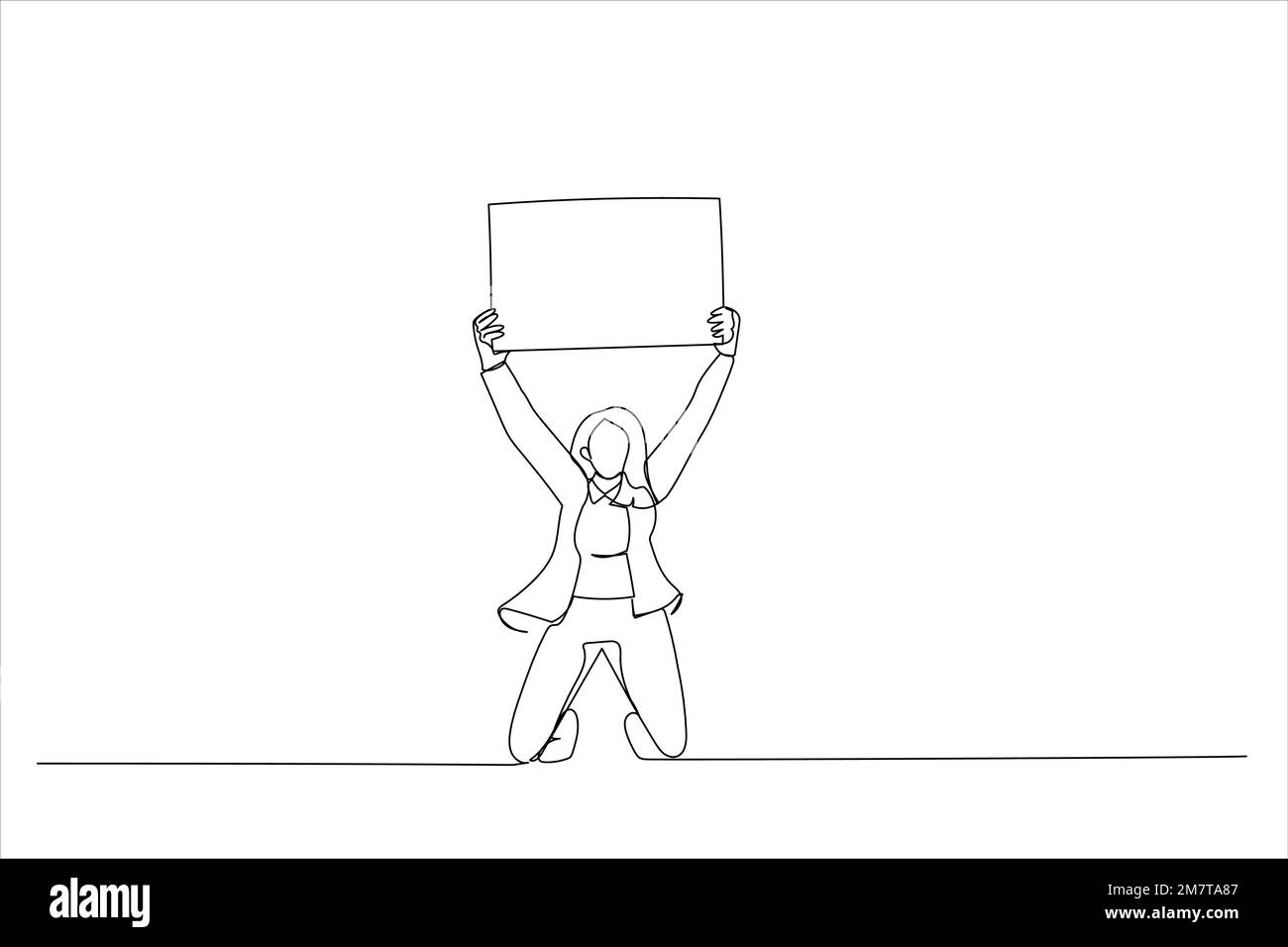 Cartoon of excited woman holding up white blank panel with space for ...