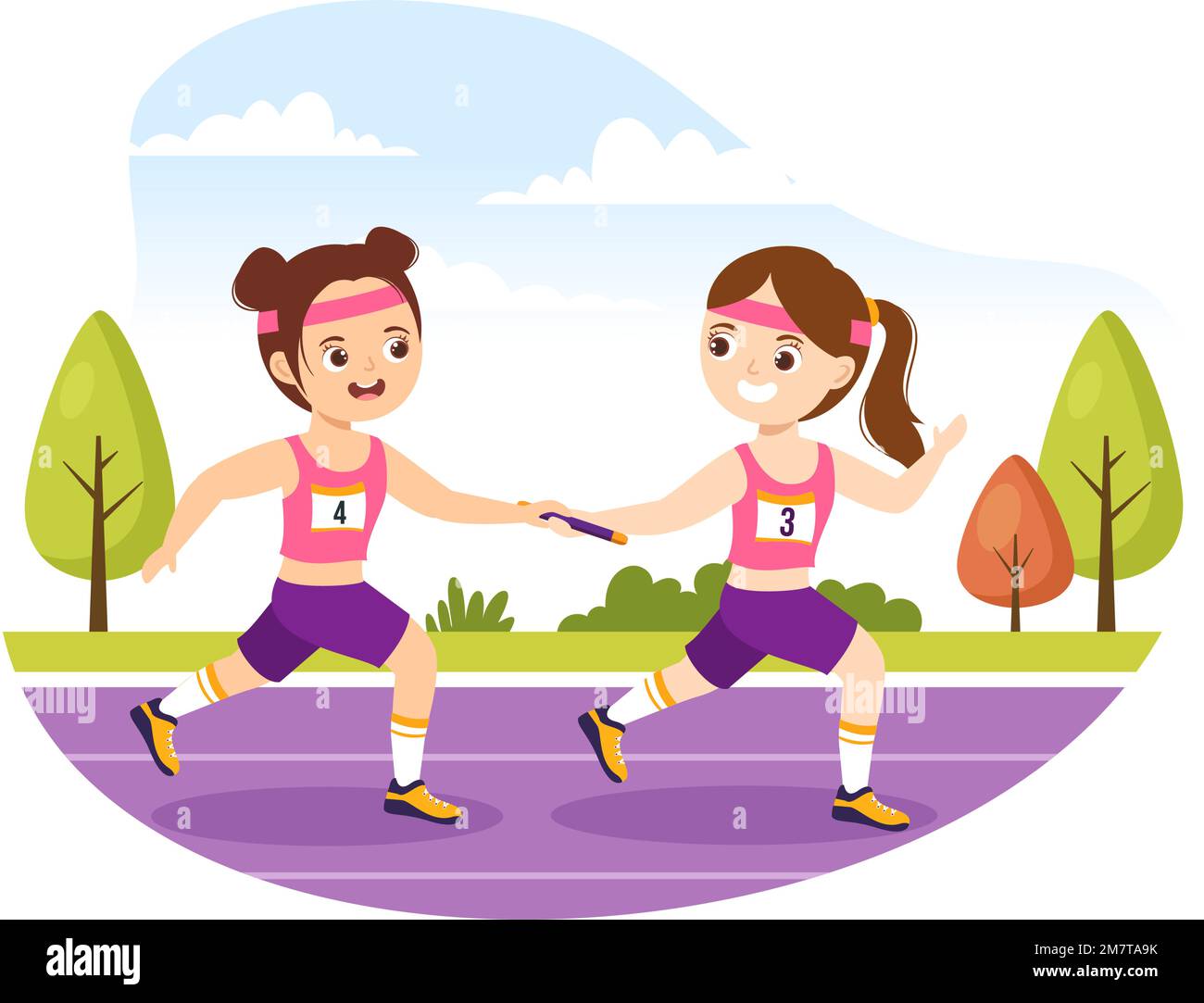 Relay Race Illustration Kids by Passing the Baton to Teammates Until ...