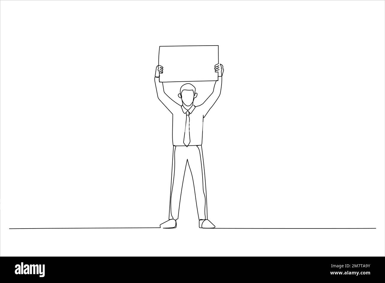 Drawing of happy man holding up a banner ad. Single line art style ...