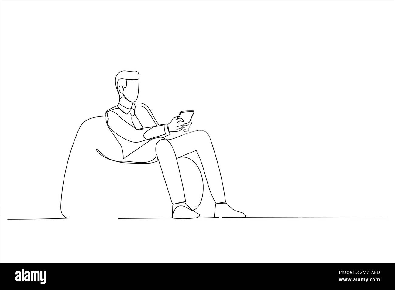 Cartoon of young man sitting comfy soft armchair holding telephone ...