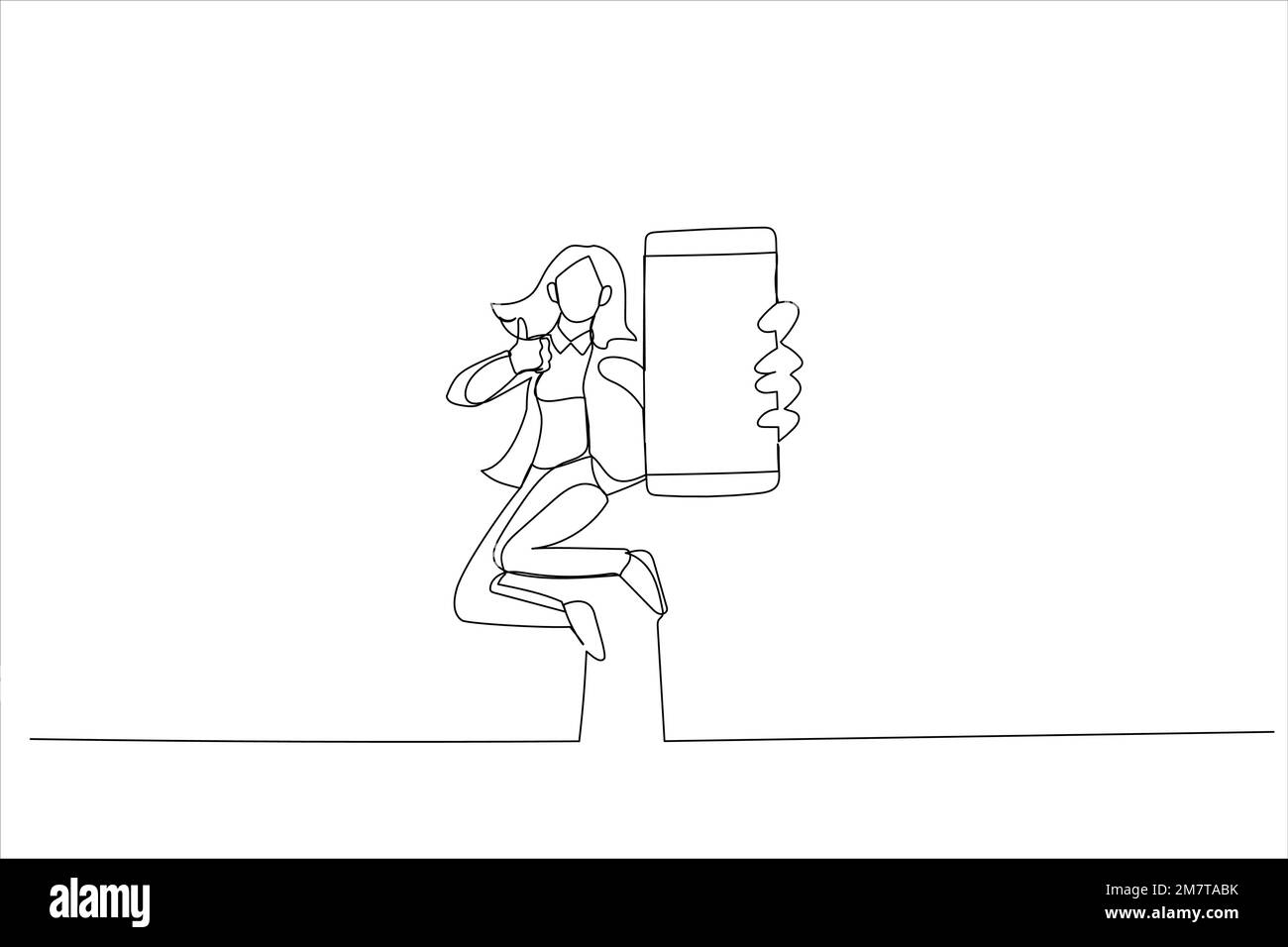 Cartoon of woman jumping on air, pointing at cellphone with empty ...
