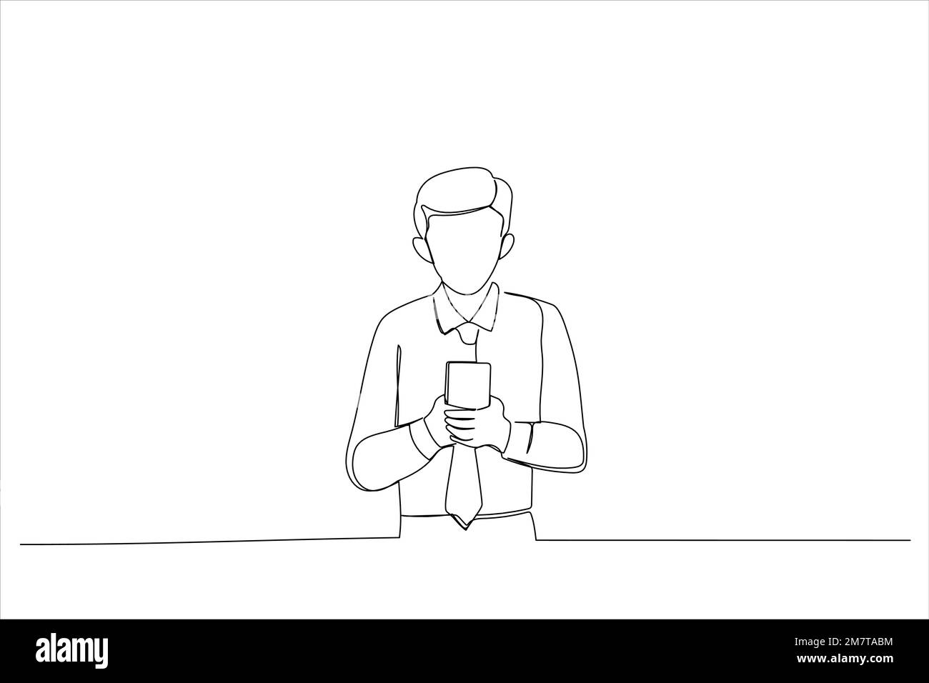 Drawing of young man using his phone while standing. Single continuous ...