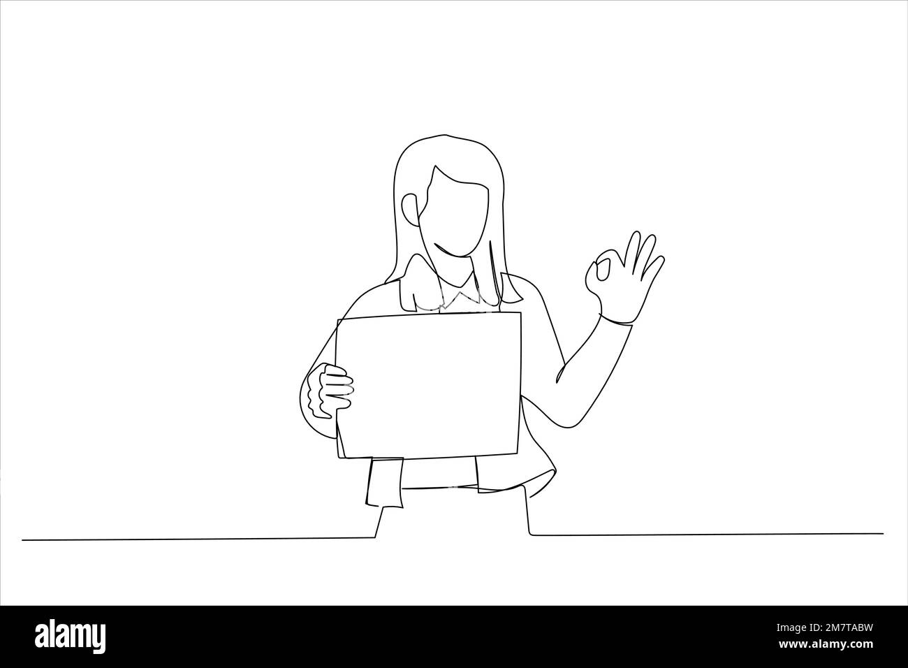 Illustration of beautiful woman holding blank empty banner doing ok ...